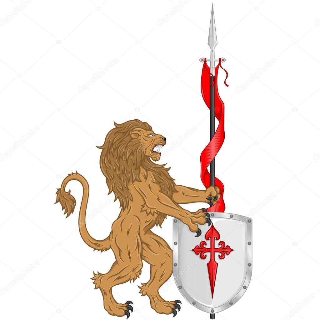 Vector design of rampant lion with medieval pennant and shield, Armed ...