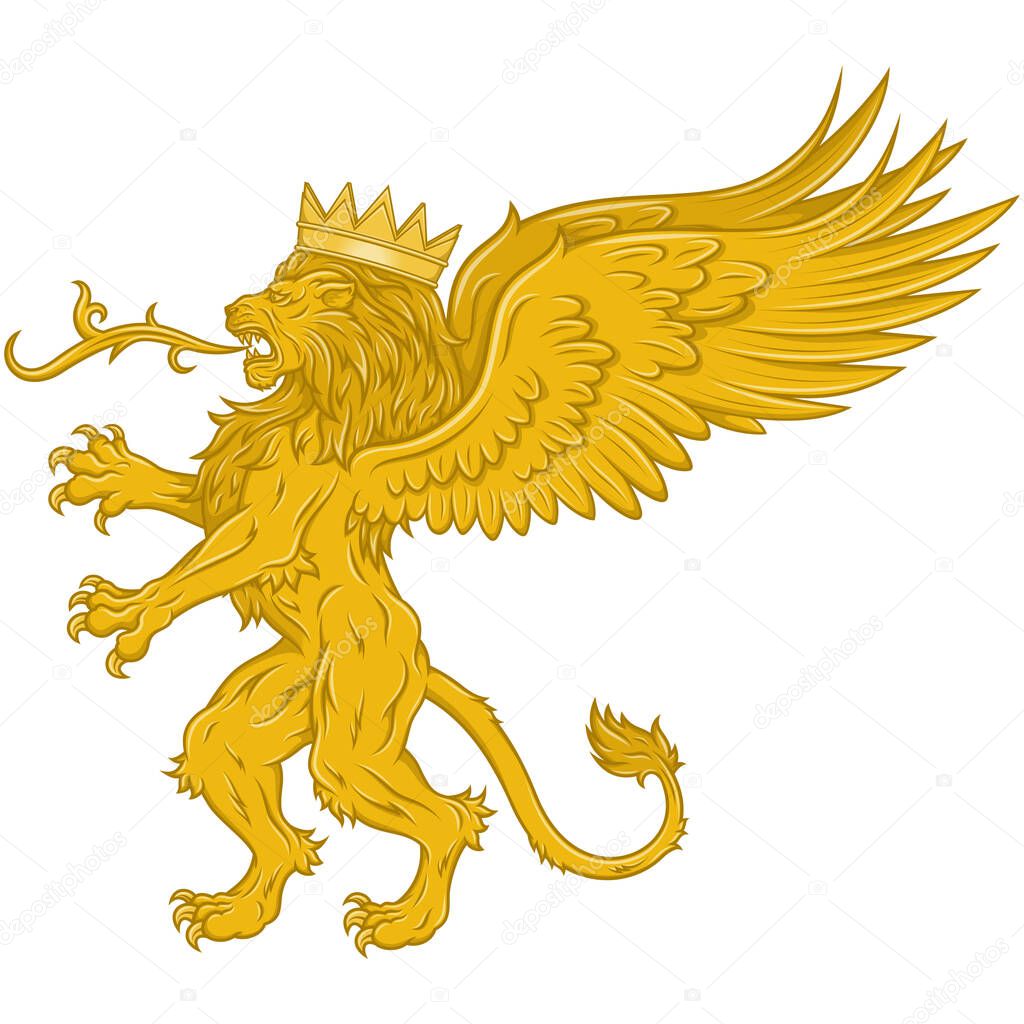 Diseño vectorial de león rampante alado con corona, león heráldico con ...