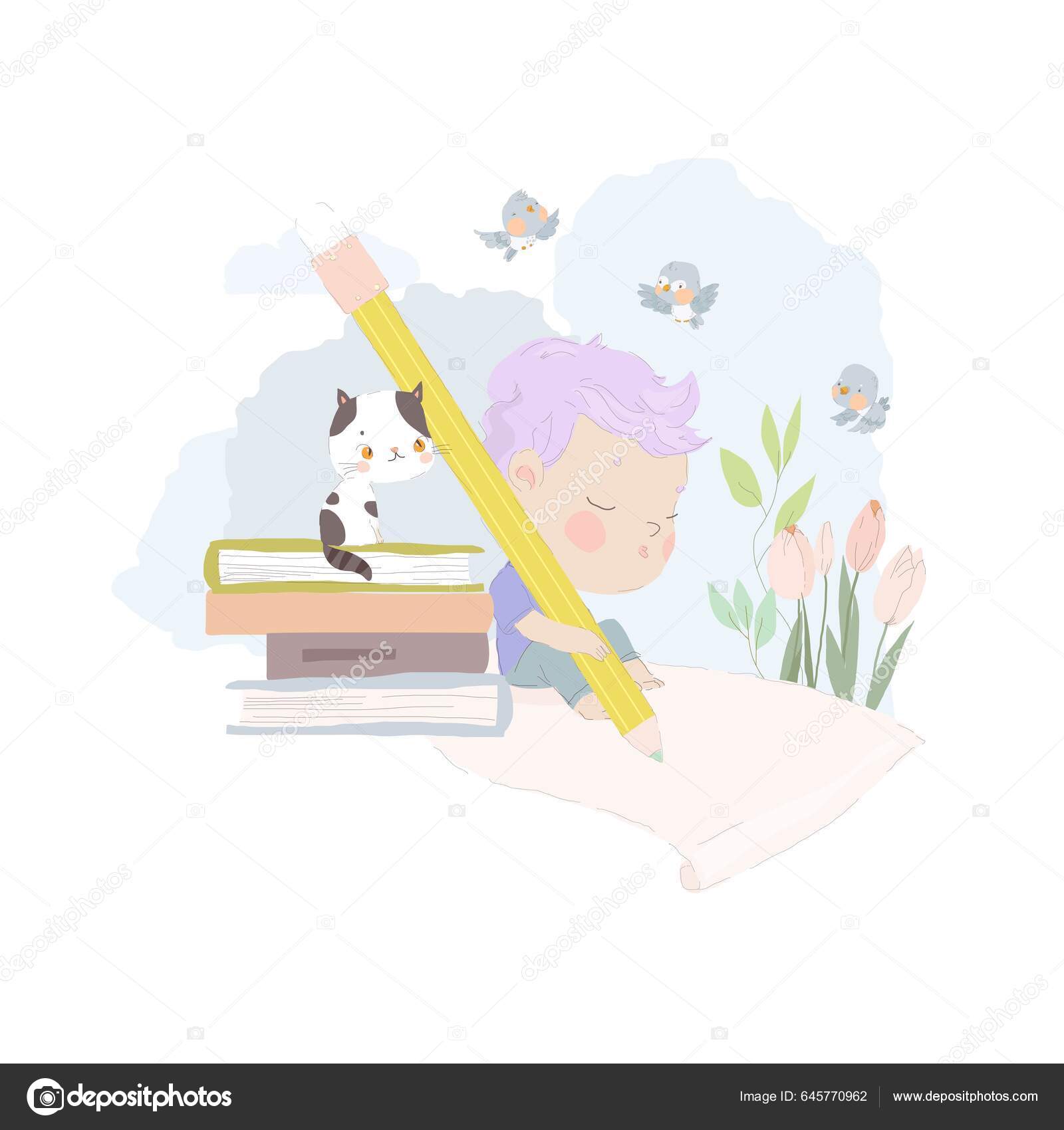 Sød Tegneserie Dreng Skriver Med Stor Blyant Illustration Vektor Stock ...