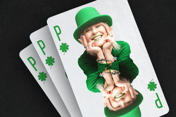 St Patricks Day playing card with a lucky cloverleaf and a female ...