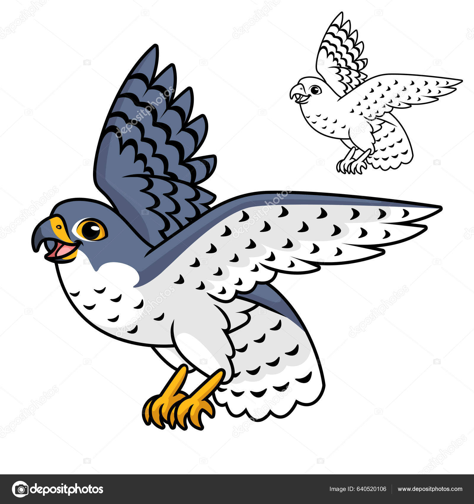Cute Happy Peregrine Falcon Flying Line Art Drawing Animal Birds Vektor ...