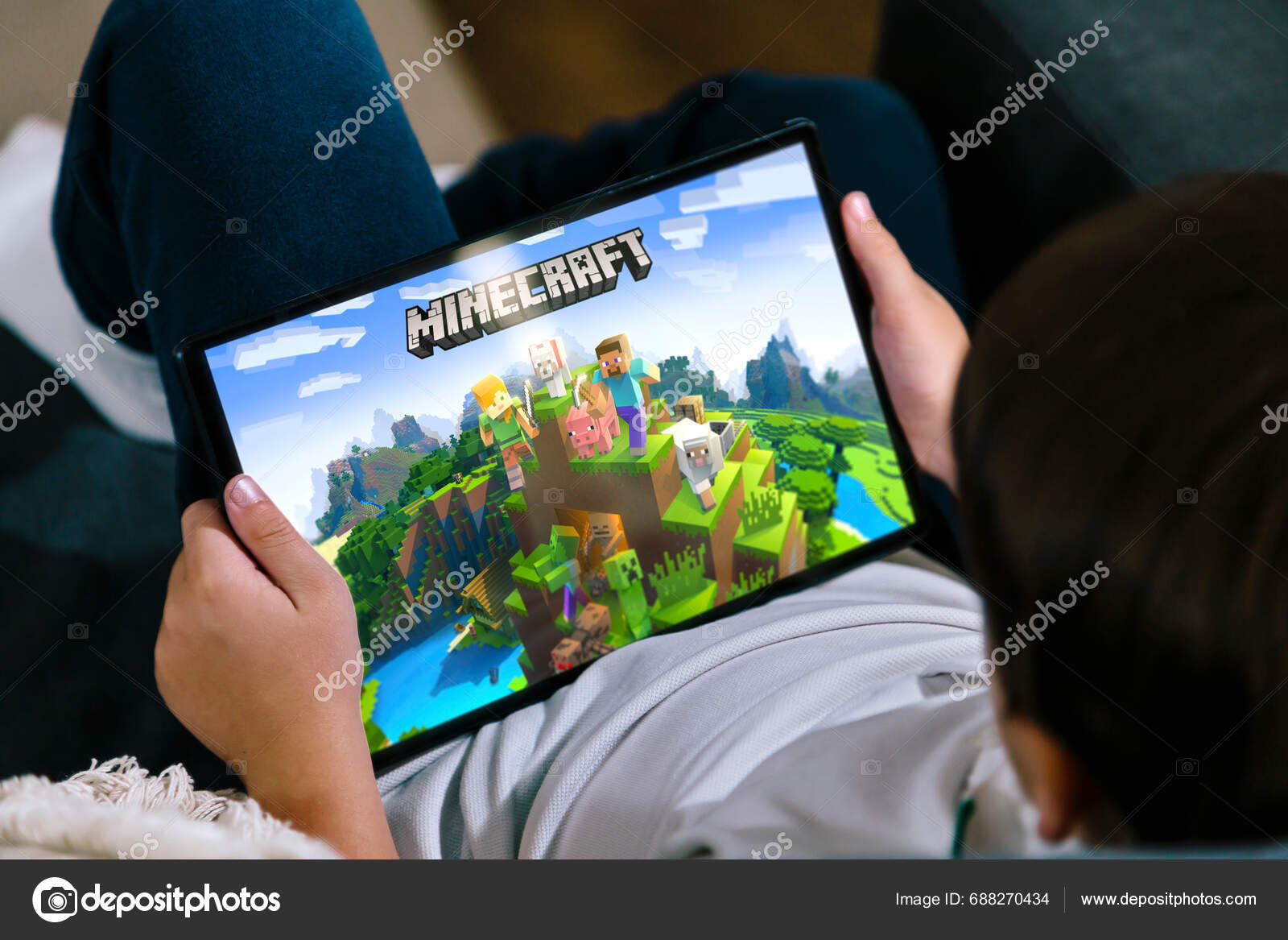 Little Boy Playing Minecraft Game Tablet Minecraft Very Popular Game ...