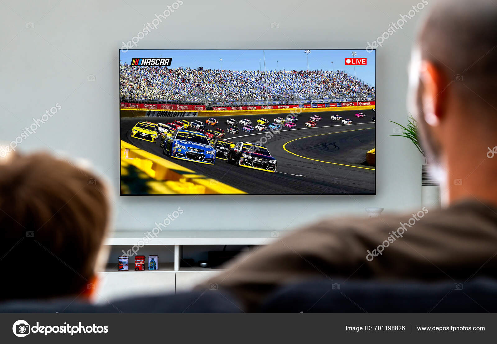 Man His Son Watching Nascar Racing Smart Live Racing Broadcast — Stock ...