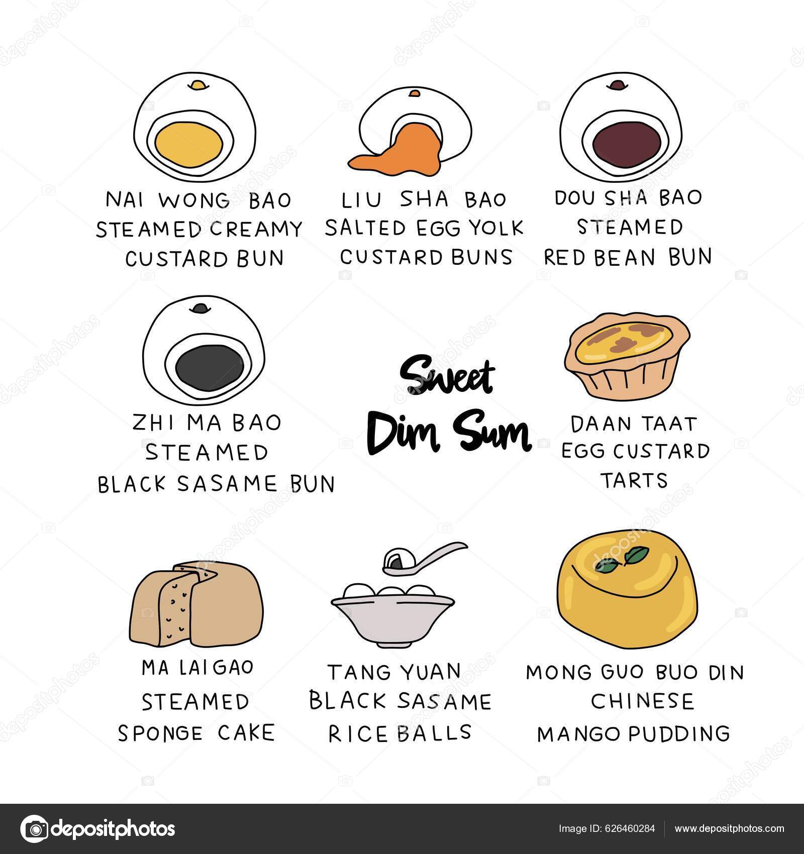 Sweet Dim Sum Line Art Drawing Set Vector Illustration Stock Vector ...