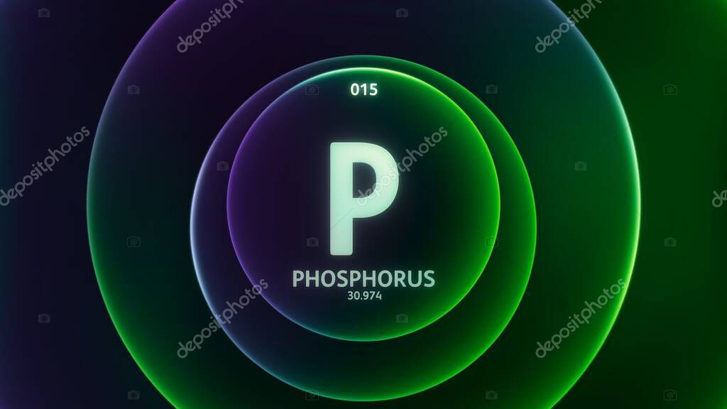 El fósforo como elemento 3 de la tabla periódica. Ilustración conceptual sobre anillos de ...