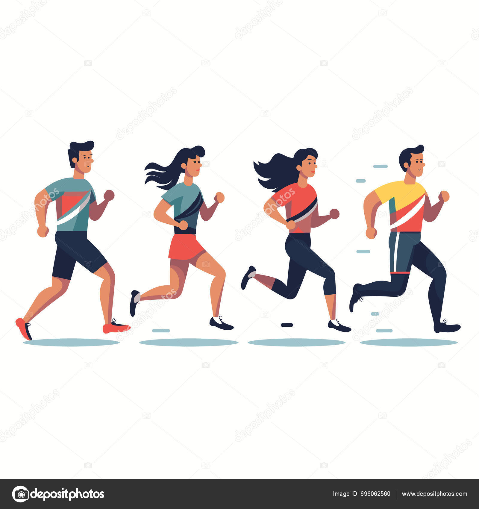 Four Diverse People Running Athletic Casual Attire Dynamic Posture ...