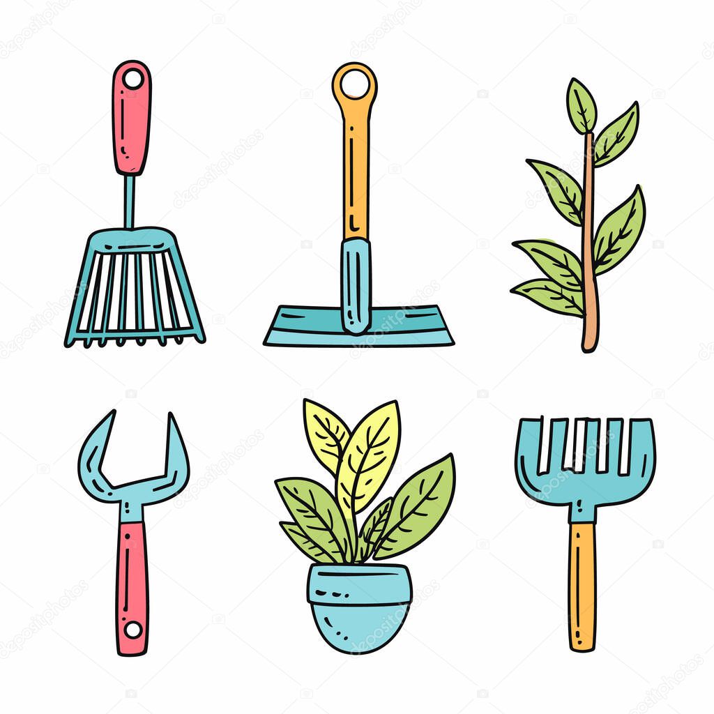 Herramientas de jardiner a dibujadas a mano plantas vector ilustraci n fondo blanco aislado ...