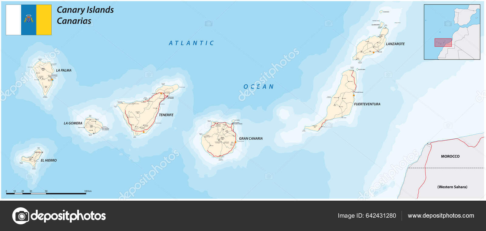 Hoja Ruta Del Archipiélago Español Las Islas Canarias Vector de stock ...