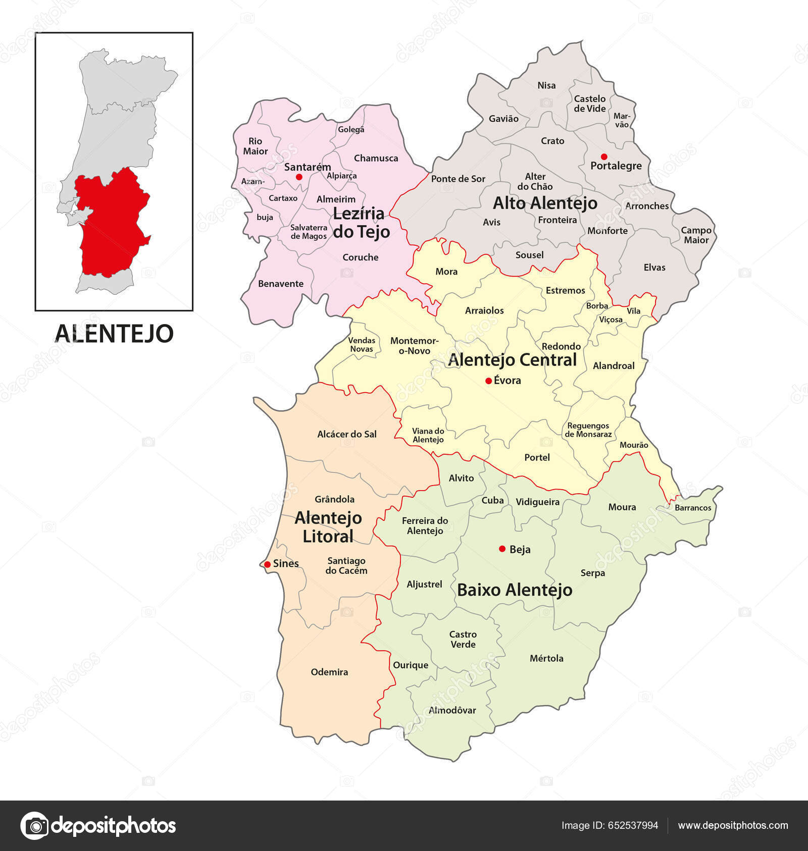 Mapa Vector Administrativo Região Alentejana Sul Portugal imagem ...