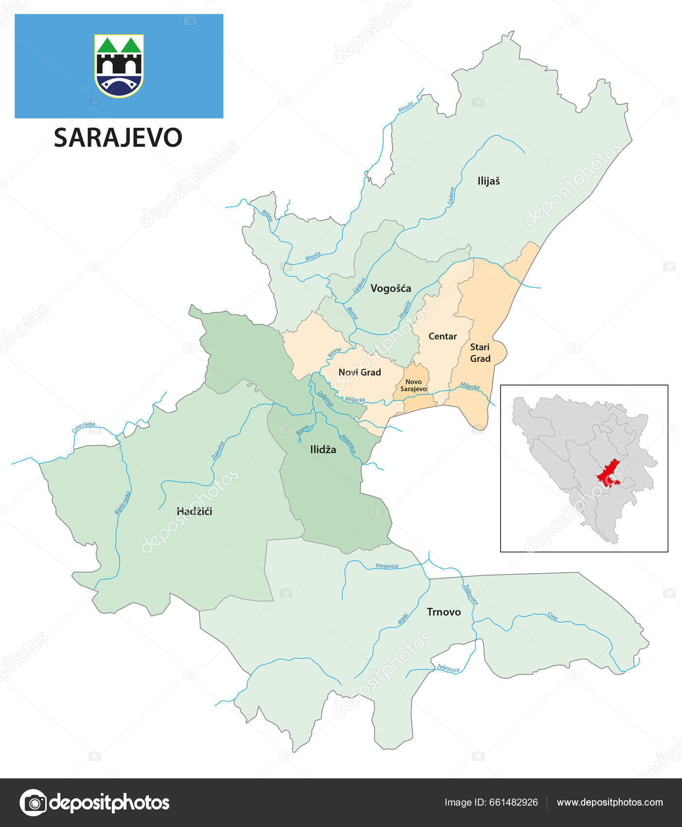 Mapa Vectorial Administrativo Sarajevo Cantón Ciudad Bosnia Herzegovina ...