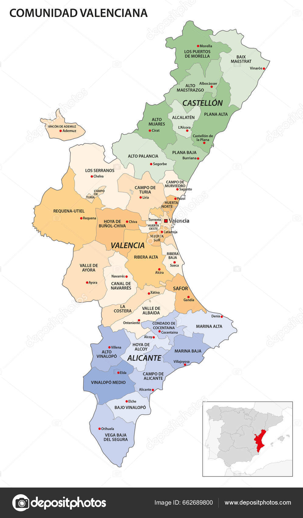 Mapa Administrativo Las Comunidades Autónomas Valencia Vector de stock ...