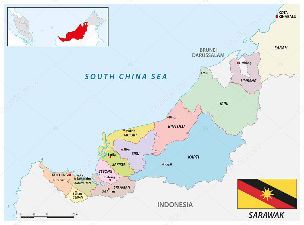 Administrative and political map of the malayan division sarawak ...