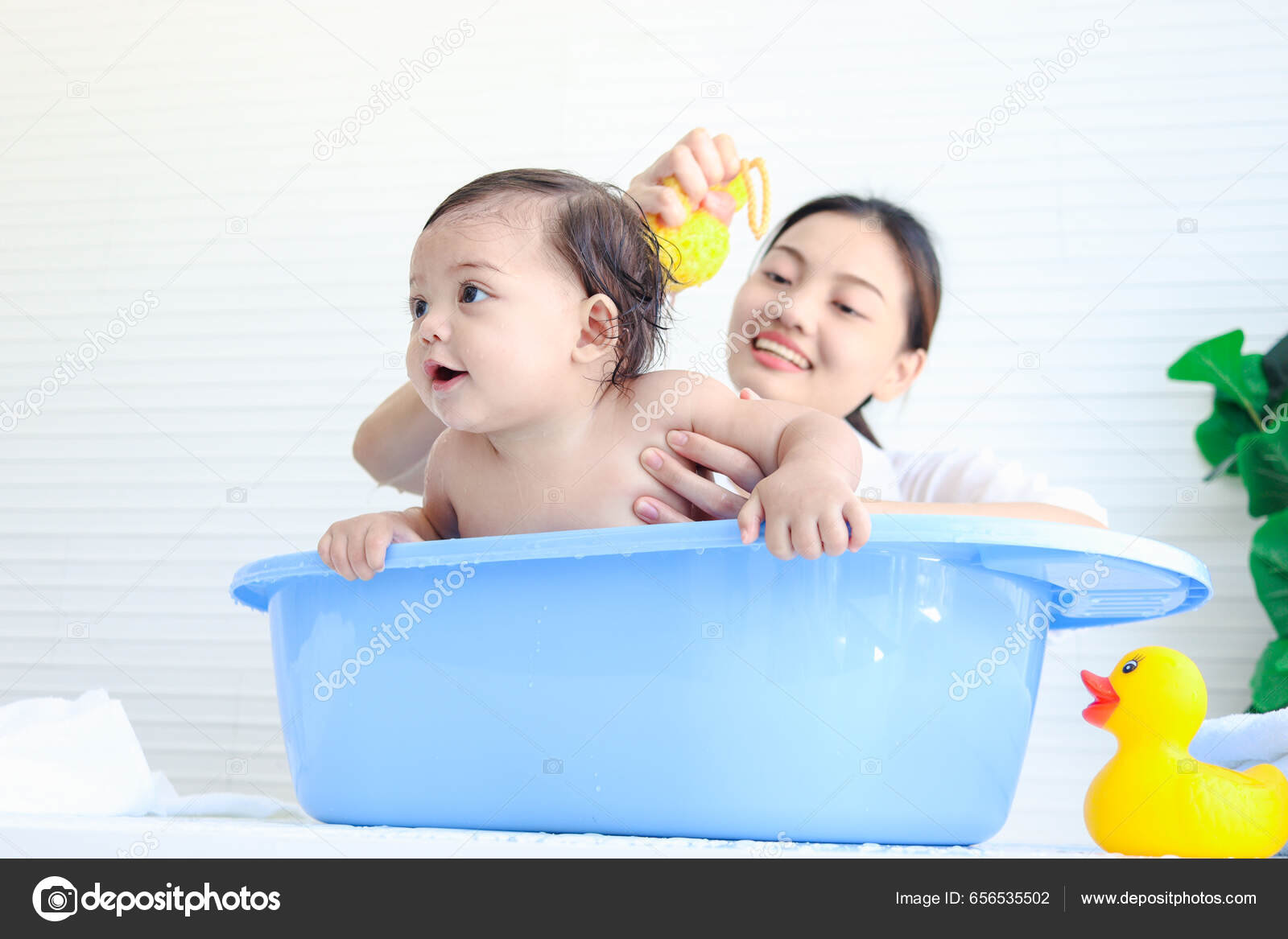 Happy Toddle Baby Infant Has Fun While Taking Bubble Bath — Stock Photo ...