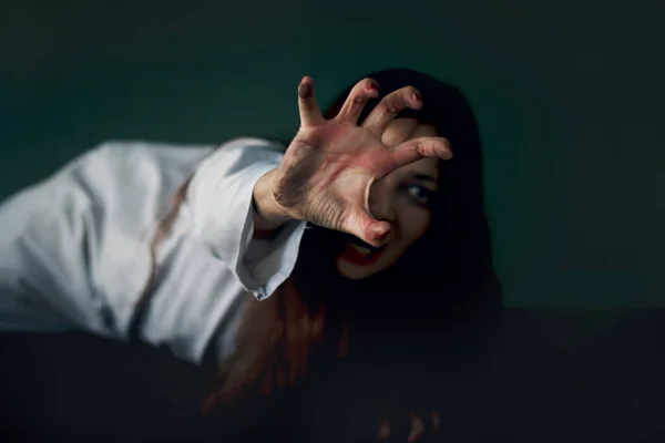 Beautiful Black Long Hair Woman Knife Head Wearing White Ghost Stock ...