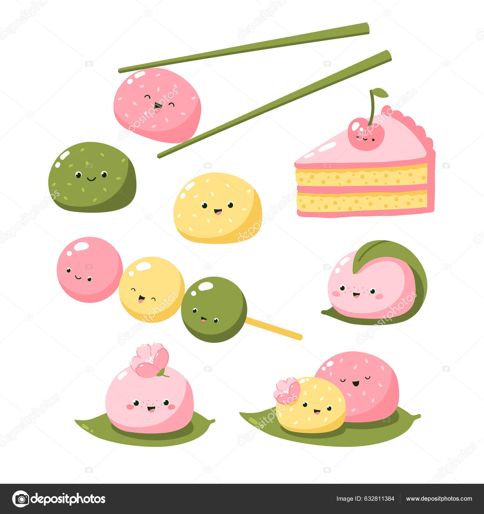 Japanese Sweets Desserts Vector Elements Set Mochi Dango Cake Stock ...