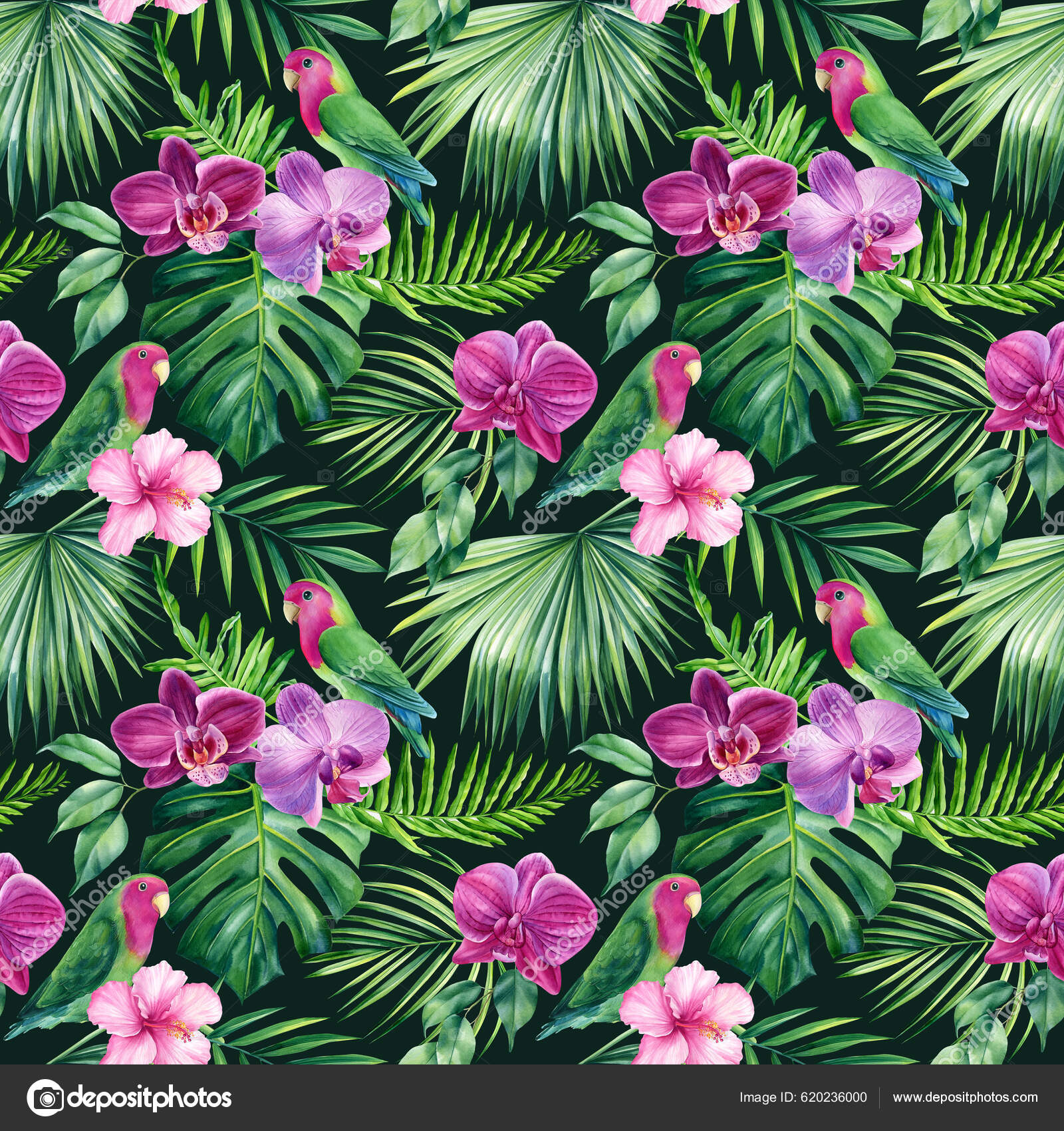 Tropical Pattern Jungle Palm Leaves Flowers Watercolor Painting High ...