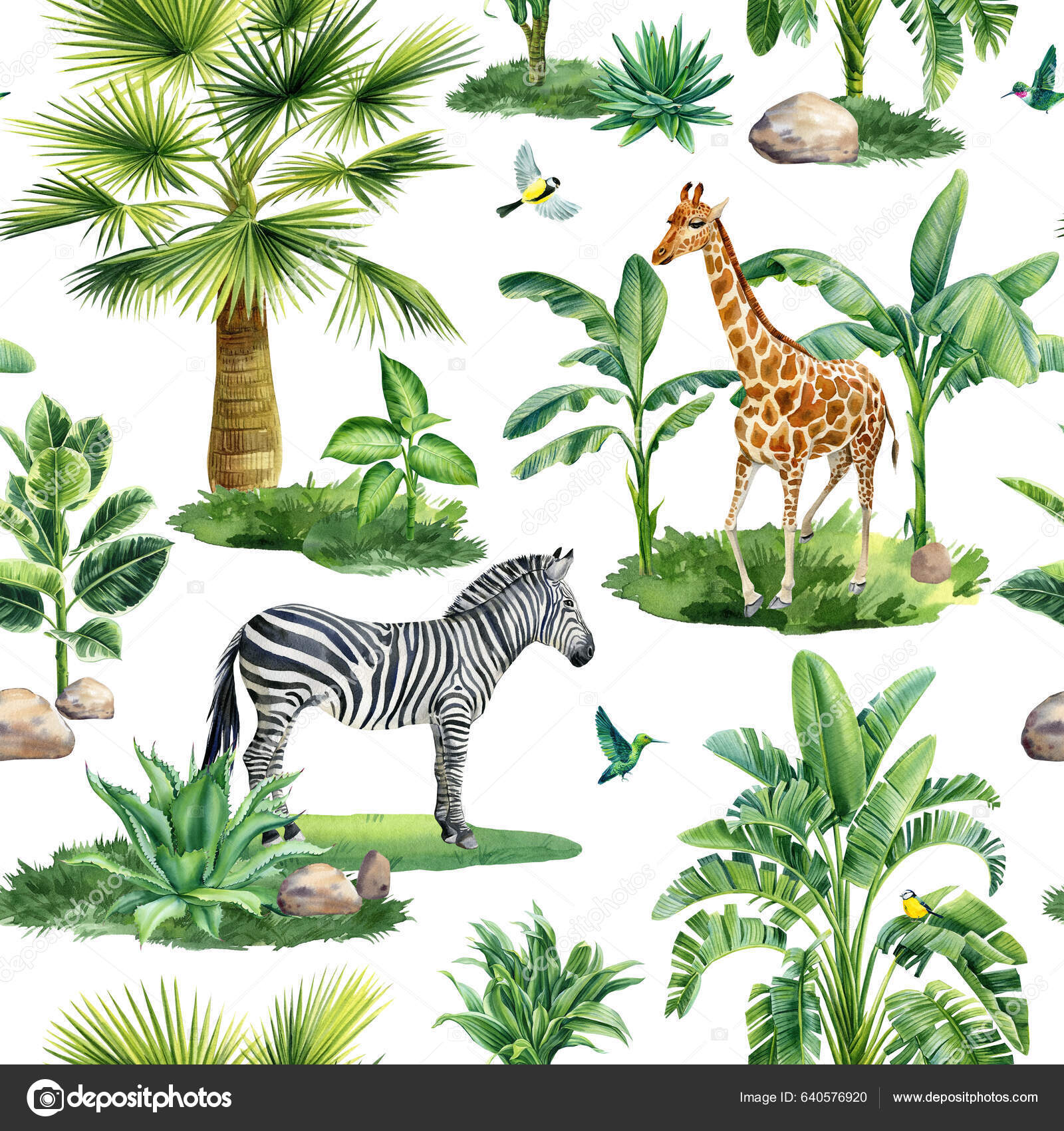 Tropical Palm Tree Animal Seamless Pattern Exotic Botanical Jungle ...