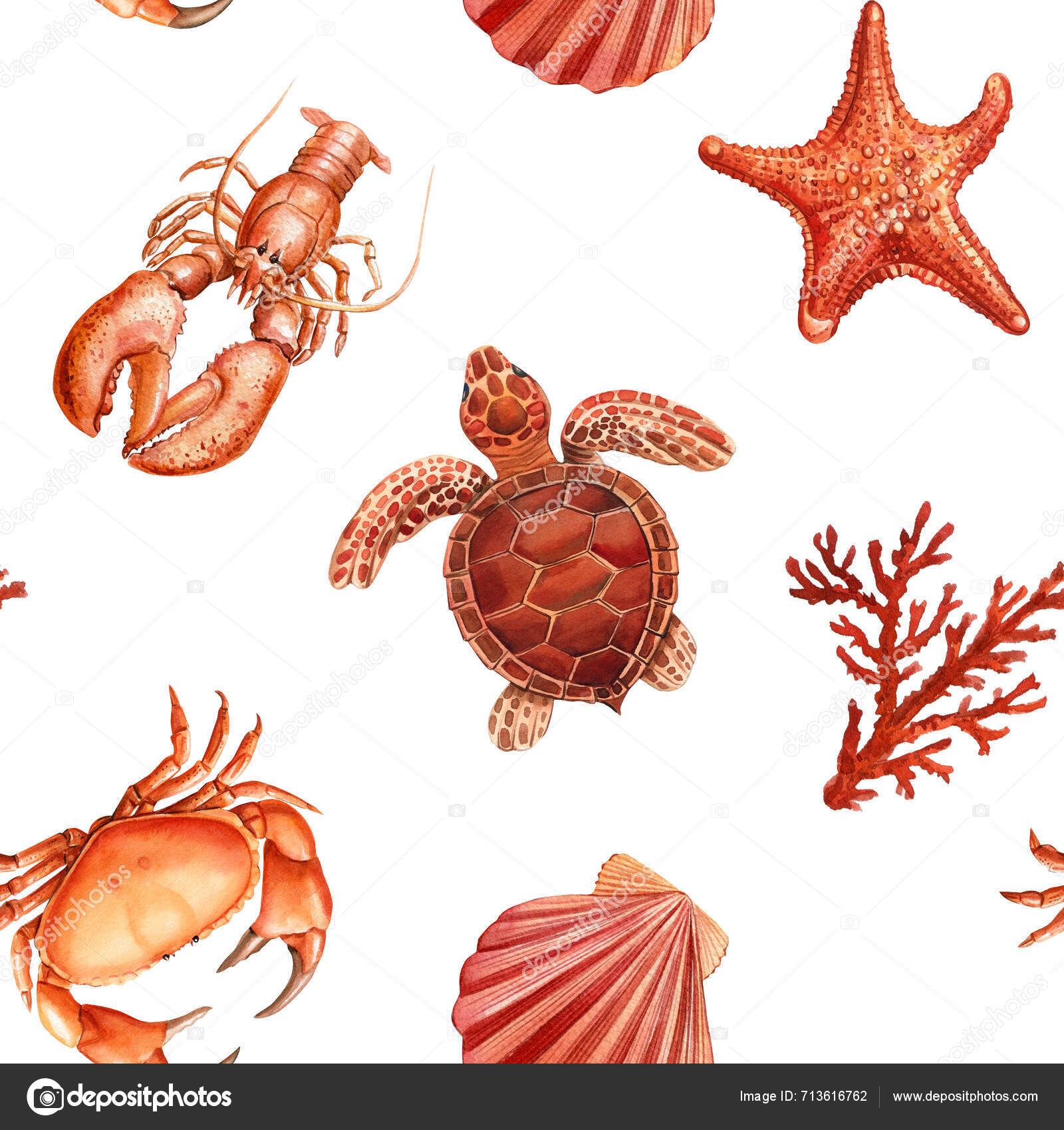 Watercolor Seashell Seamless Patterns Underwater Creatures Crab ...