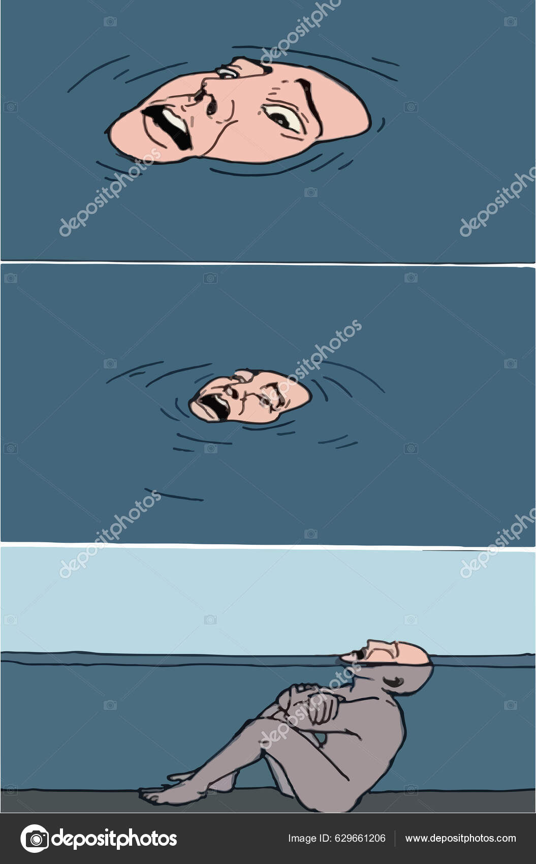 Set Drawings Person Water First Illustration Sad Face Drowning Man ...