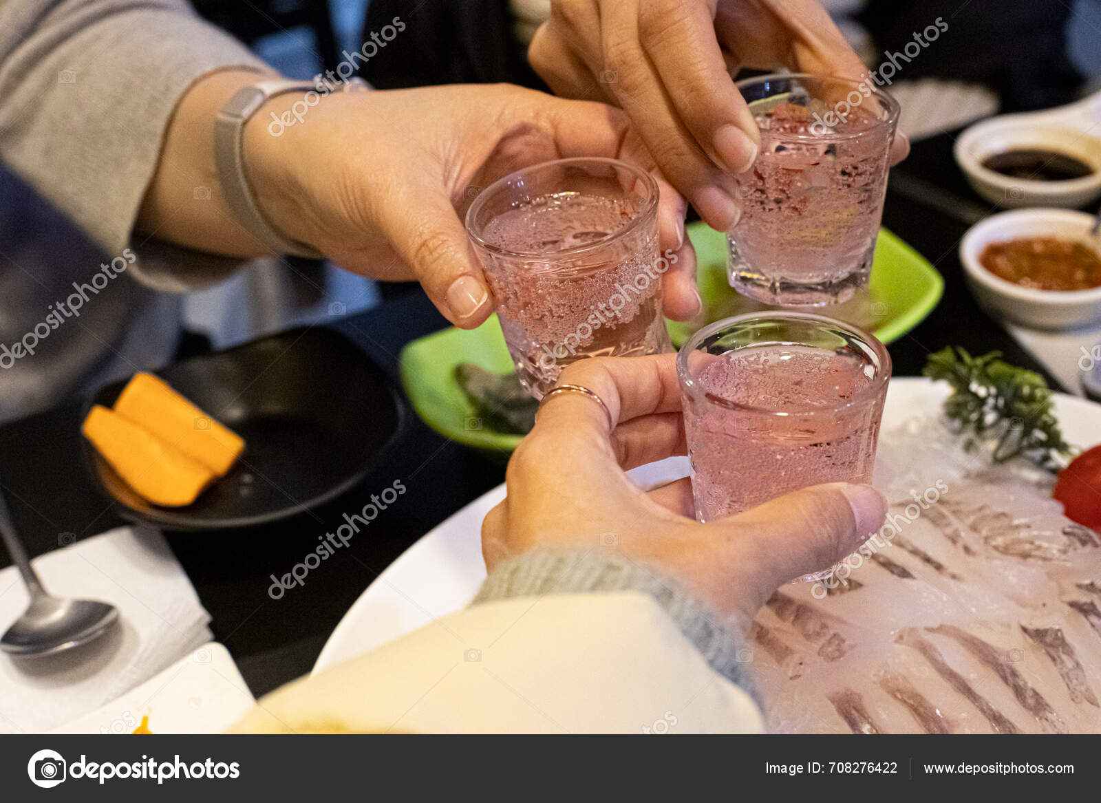 Three People Who Drink Drink Traditional Korean Liquor Soju — Stock ...