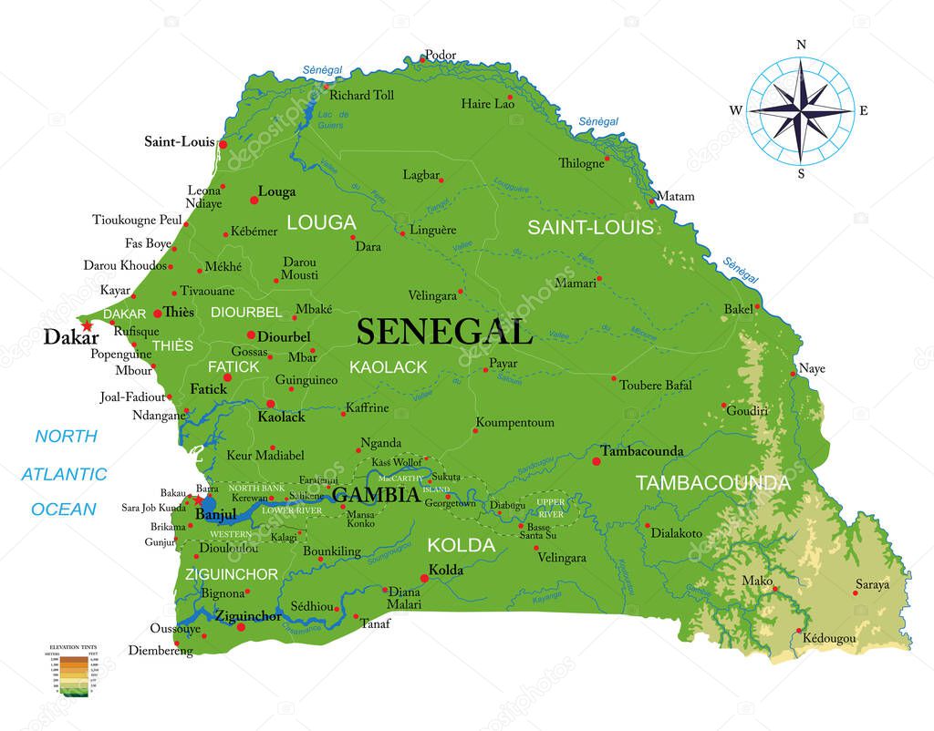 Mapa físico altamente detallado de Senegal y Gambia en formato ...