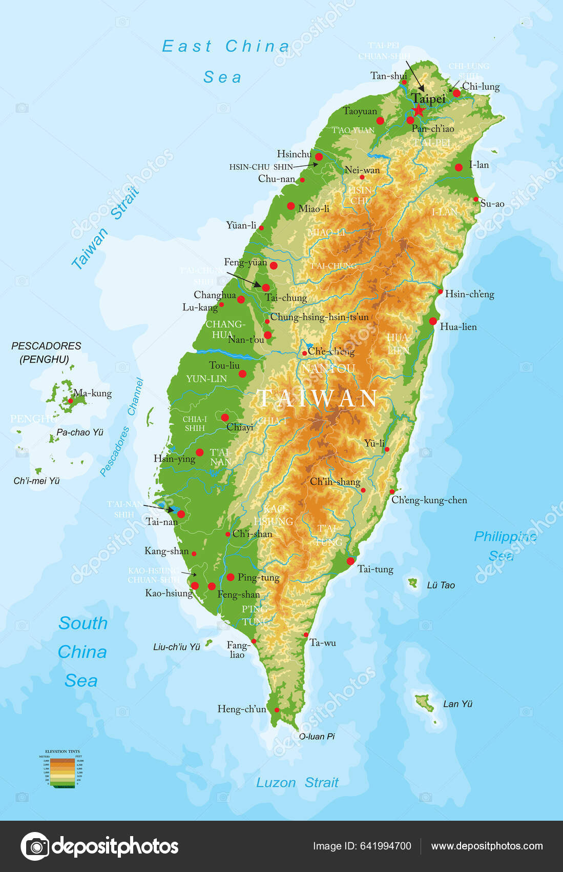 Tayvan Yüksek Detaylı Fiziksel Haritası ©BogdanSerban 641994700'e ait ...