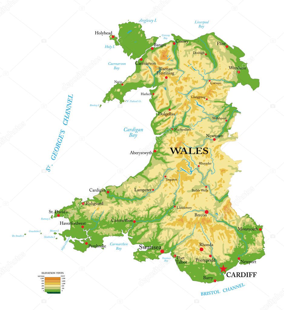 Gales mapa físico altamente detallado 2023
