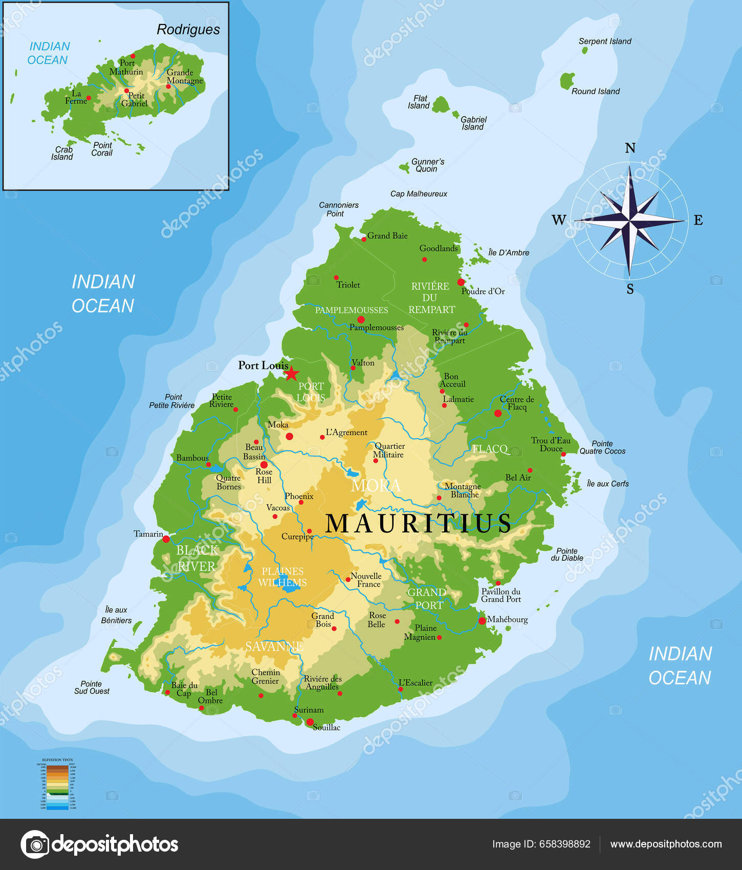 Islas Mauricio Mapa Físico Vector de stock #658398892 de ©BogdanSerban