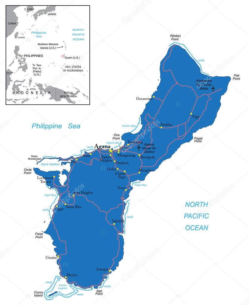 Guam isla mapa político muy detallado 2023