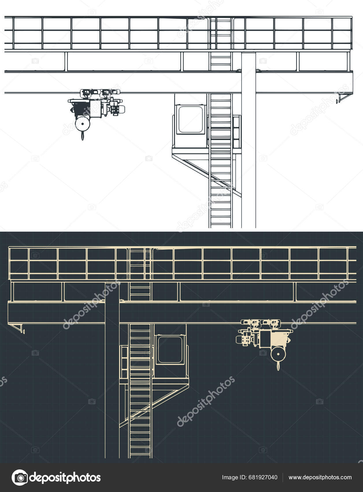 Stylized Vector Illustrations Gantry Crane Close Blueprints Style Stock ...