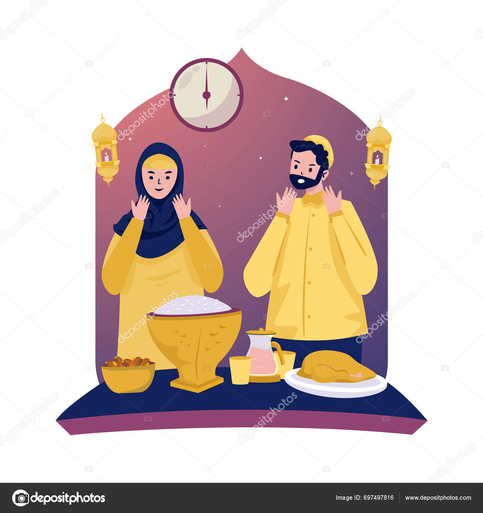 Muslim Family Praying Iftar Ramadan Vector Illustration Stock Vector by ...