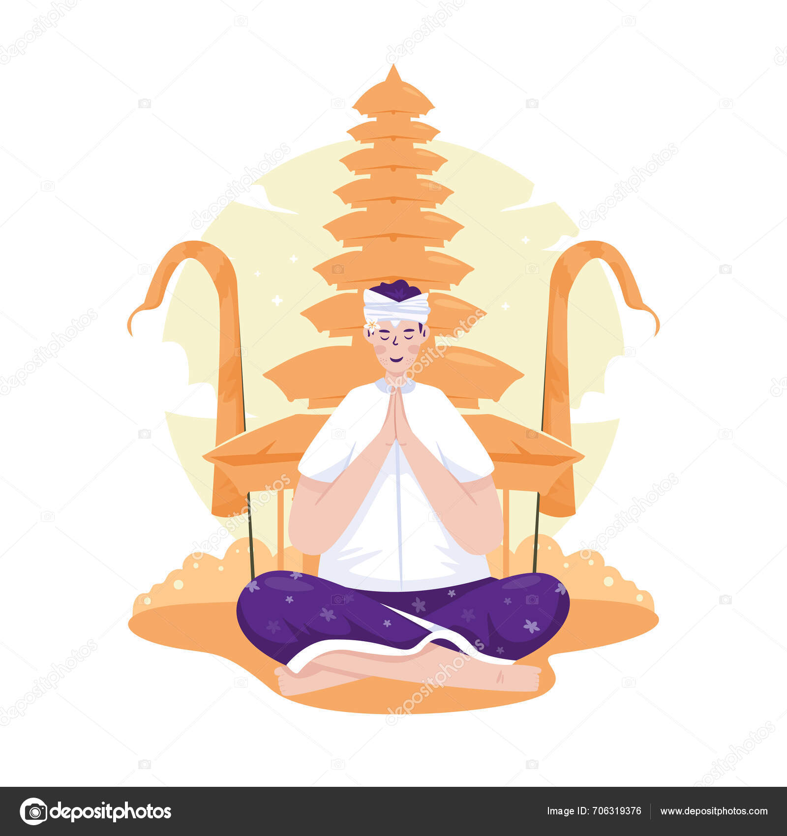 Man Praying Hindu Worship Meditation Celebrate Nyepi Day Isolated ...