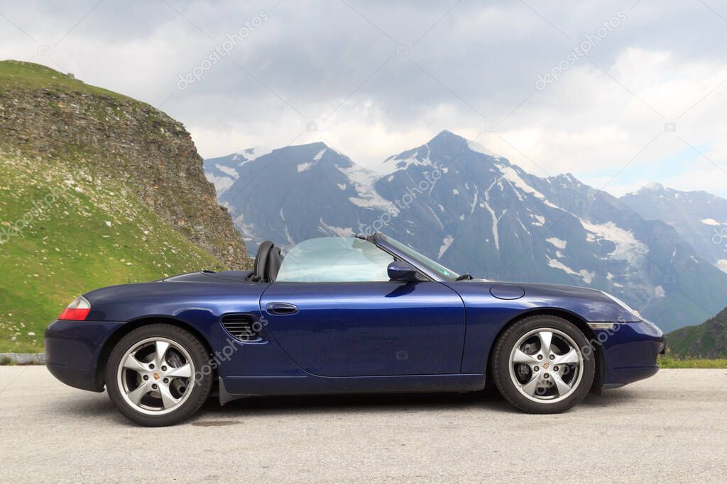 Fusch, Austria - July 25, 2021: Blue roadster Porsche Boxster 986 with ...