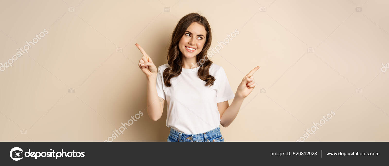 Happy Authentic Girl Smiling Pointing Fingers Sideways Showing Left ...