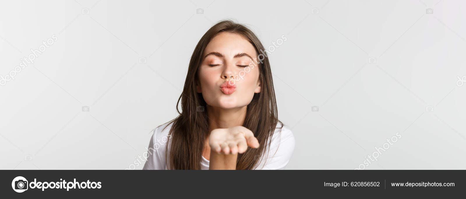 Close Beautiful Flirty Girl Pouting Lips Sending Air Kiss Camera ...