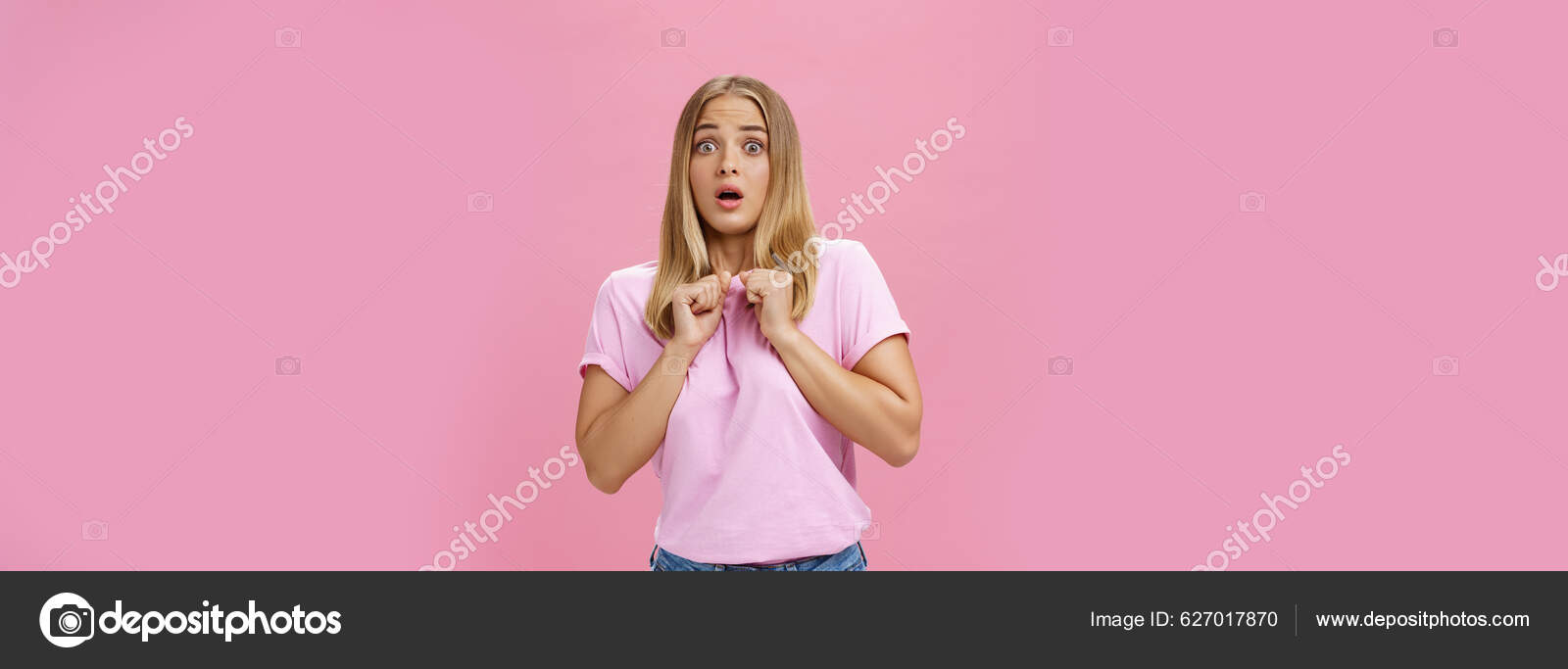 Woman Gasping Fright Being Scared Someone Pressing Clenched Hands Chest ...