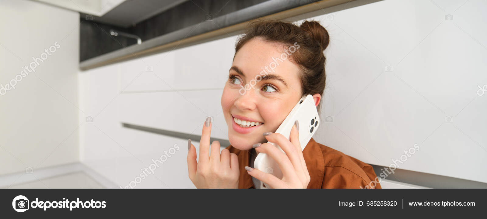Close Beautiful Female Model Talks Phone Making Call Smiles Looks ...