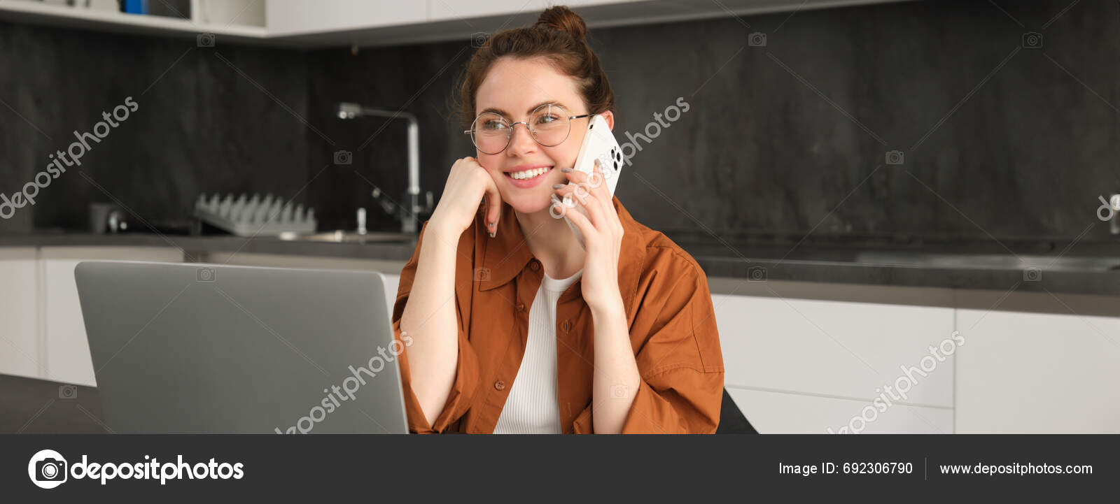 Portrait Beautiful Smiling Woman Working Home Talking Mobile Phone ...