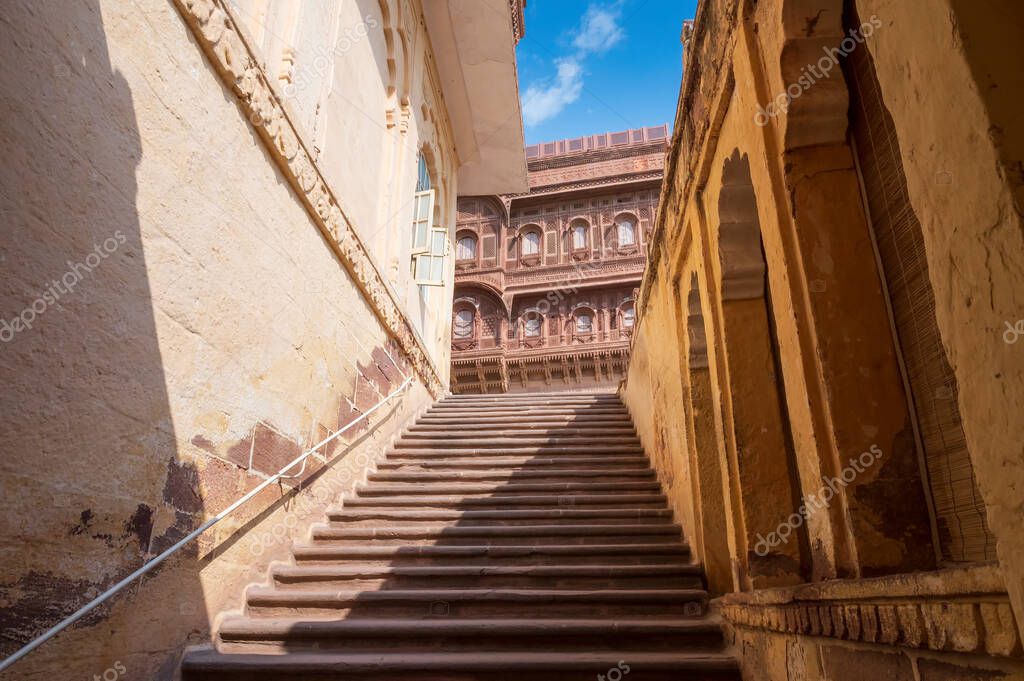Ancient stair cases inside Mehrangarh fort, Jodhpur, Rajasthan, India ...