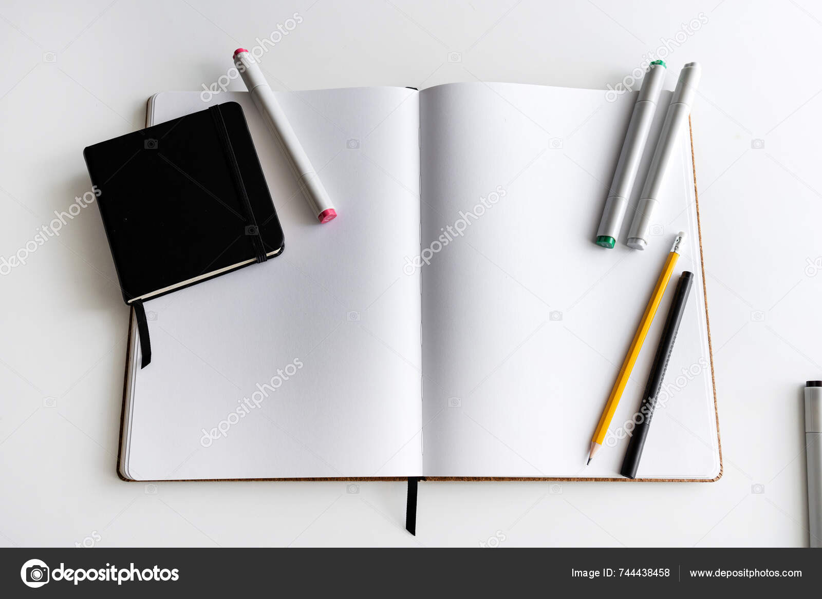 Open Notebook Pencil Pens Smaller Black Journal Placed White Desk ...