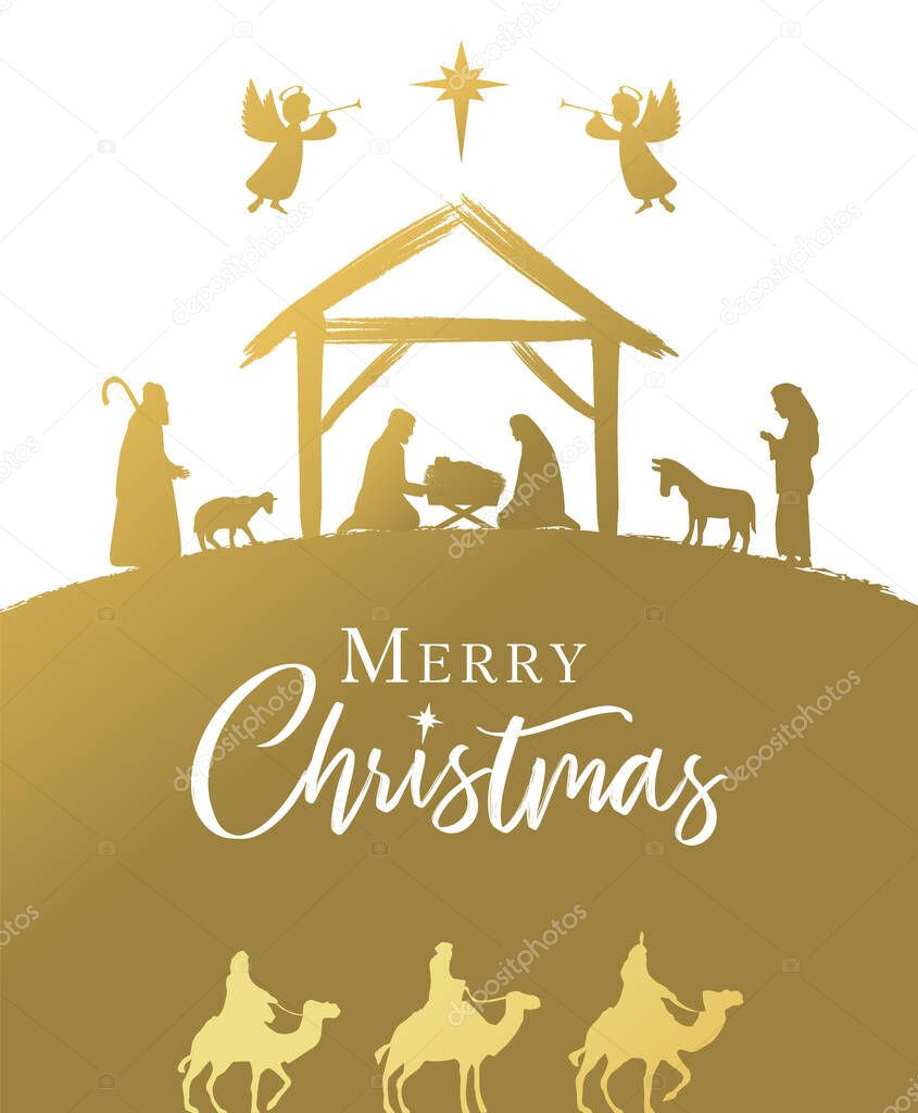 Merry Christmas golden Nativity scene with Holy family and calligraphy ...