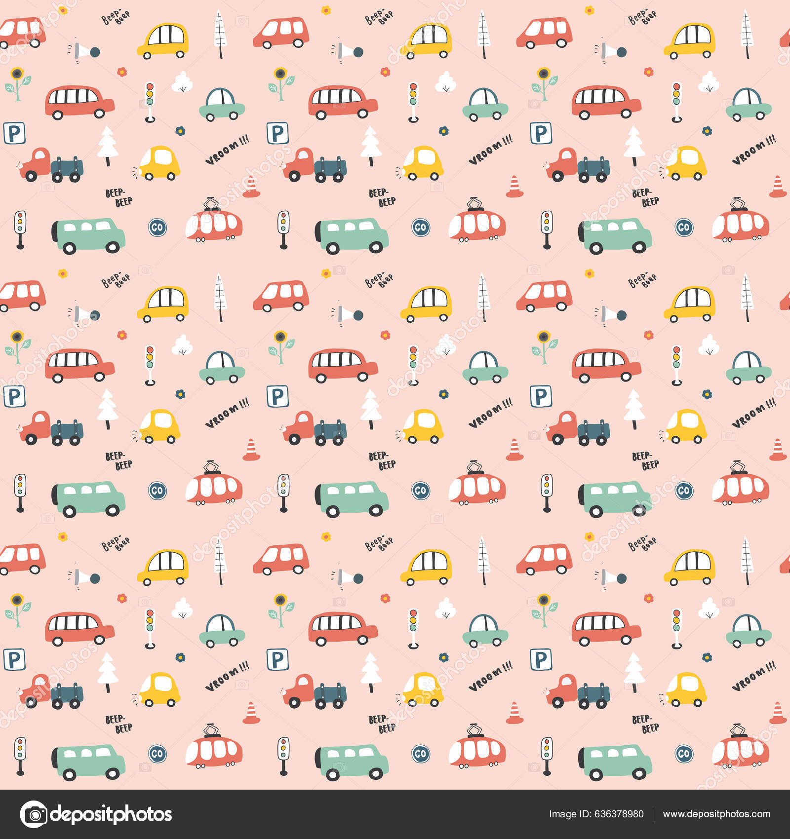 Cute Cars Seamless Pattern Cartoon Transportation Doodles Background ...