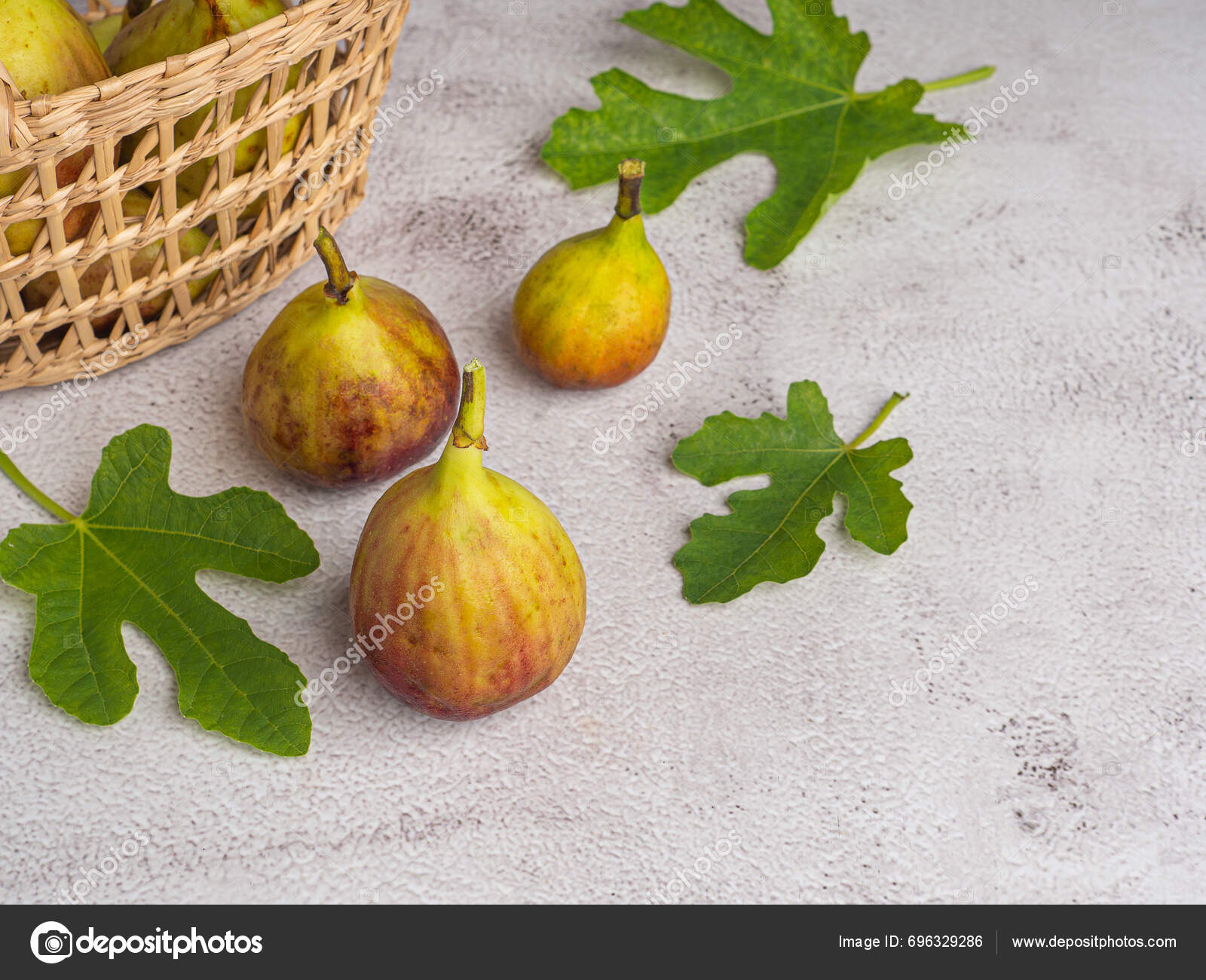 Figs Fruit Leaves Placed Cement Floor Bamboo Basket Background High ...