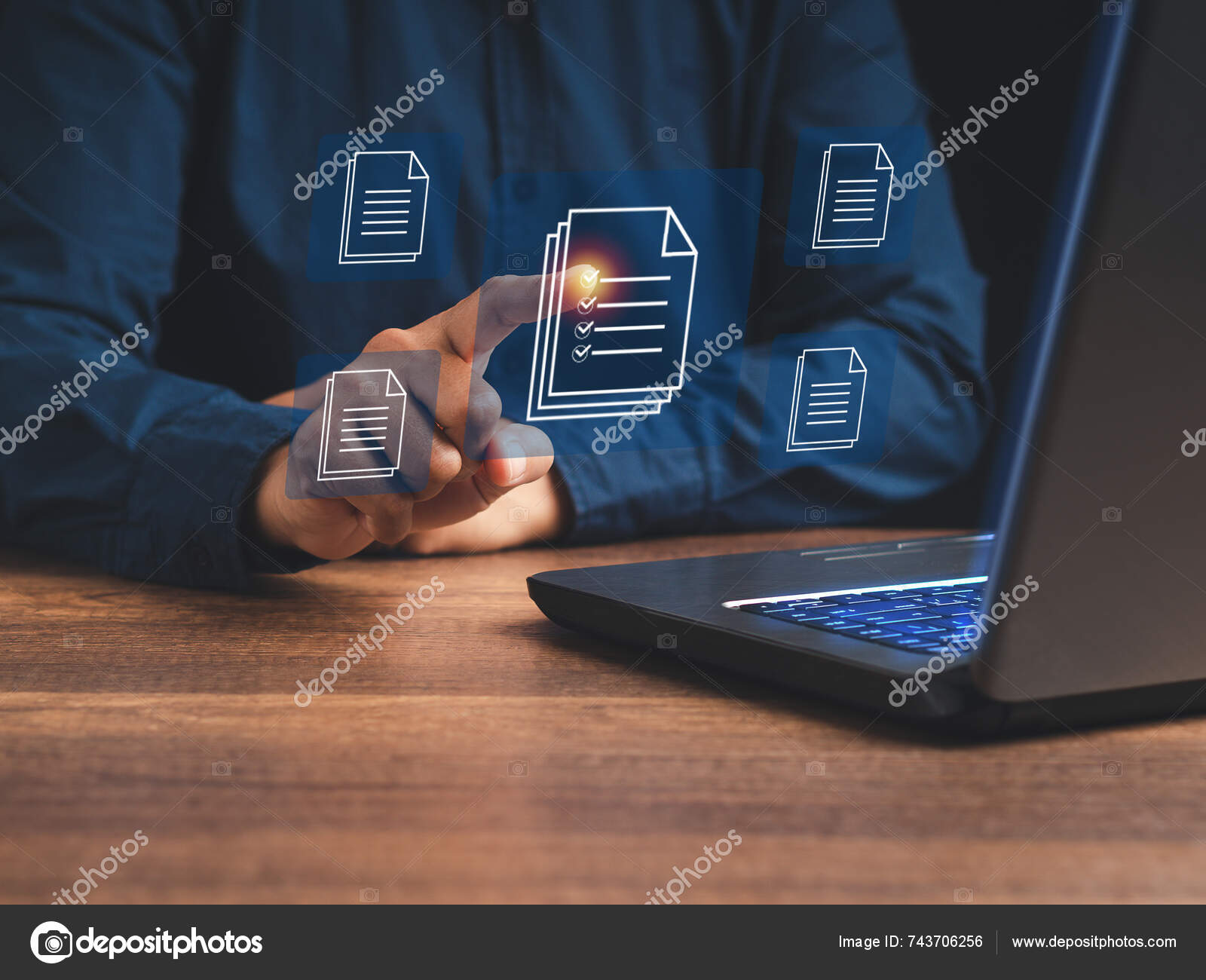 Businessman Working Laptop Digital Documents Checkbox Lists Virtual Screen Online — Stock Photo ...