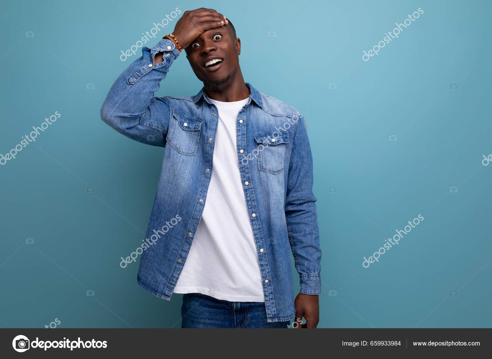 Close Portrait Young Handsome Pensive Smart African Guy Denim Jacket ...