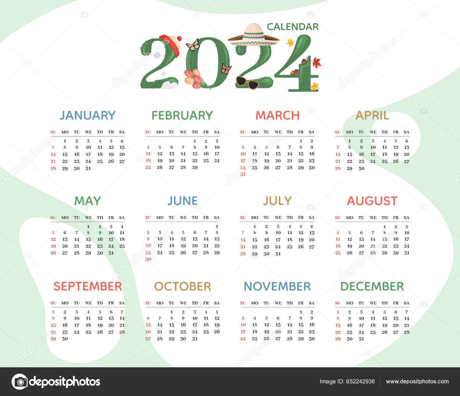 Calendario 2024 Plantilla Horizontal Con Número Cactus Del Año Inicio ...