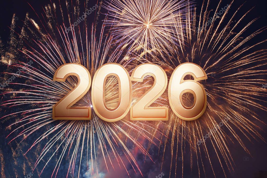 2026. Fuegos artificiales. Feliz Año Nuevo 2026. Fuegos artificiales con el texto "2026". Banner ...