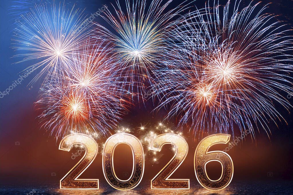 2026. Fuegos artificiales. Feliz Año Nuevo 2026. Fuegos artificiales con el texto "2026". Banner ...