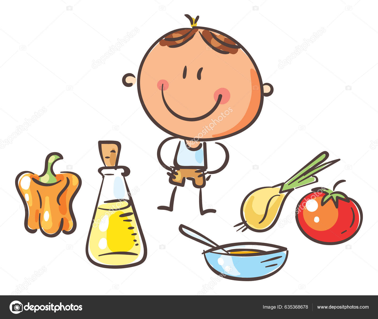 Glad Tegneserie Dreng Med Grøntsager Kok Forbereder Sundhed Spise ...