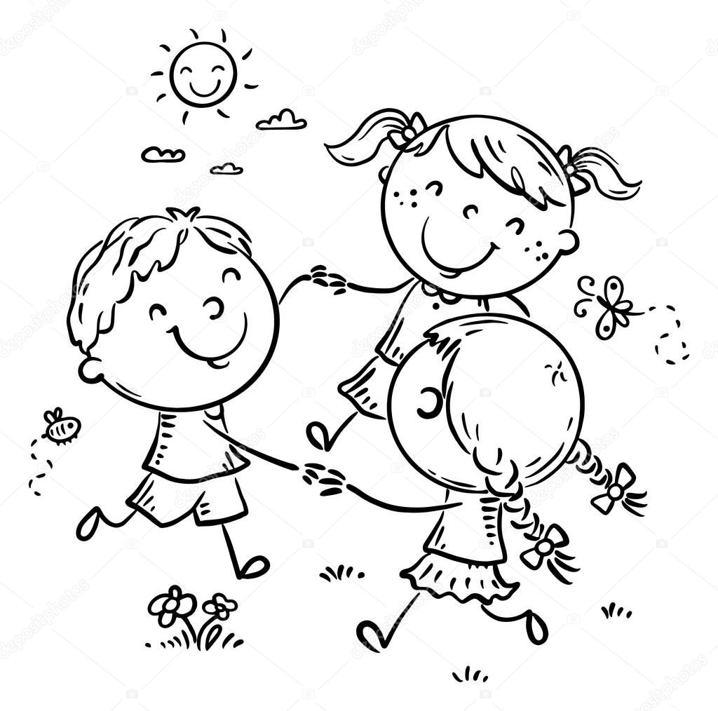 Happy cartoon kids holding hands dancing circle. Outline vector ...